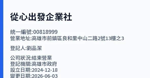 從心出發企業社的照片-統編 00818999(高雄市) 公司登記資料與營業項目詳細圖表