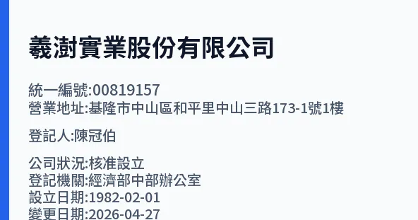 羲澍實業股份有限公司的照片-統編 00819157(基隆市) 公司登記資料與營業項目詳細圖表