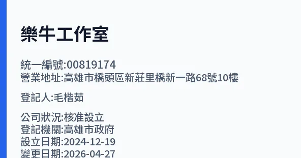 樂牛工作室的照片-統編 00819174(高雄市) 公司登記資料與營業項目詳細圖表