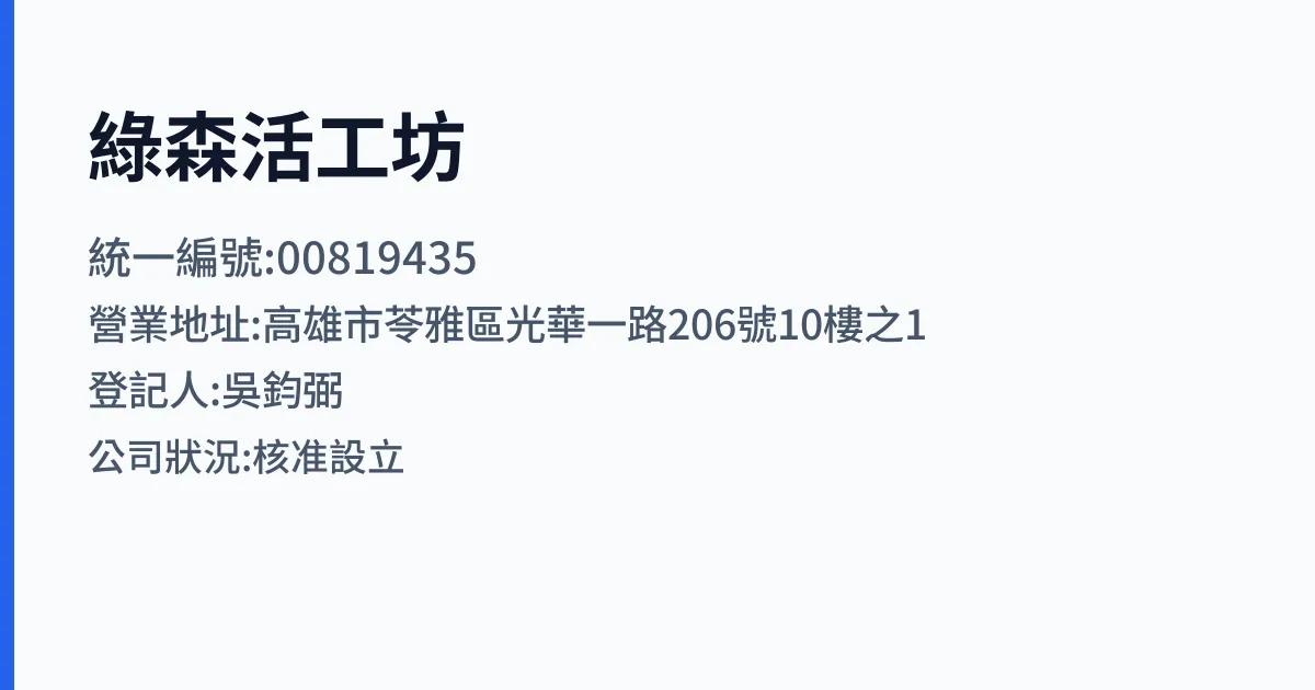綠森活工坊 - 統編 00819435(高雄市) 公司登記資料與營業項目詳細圖表