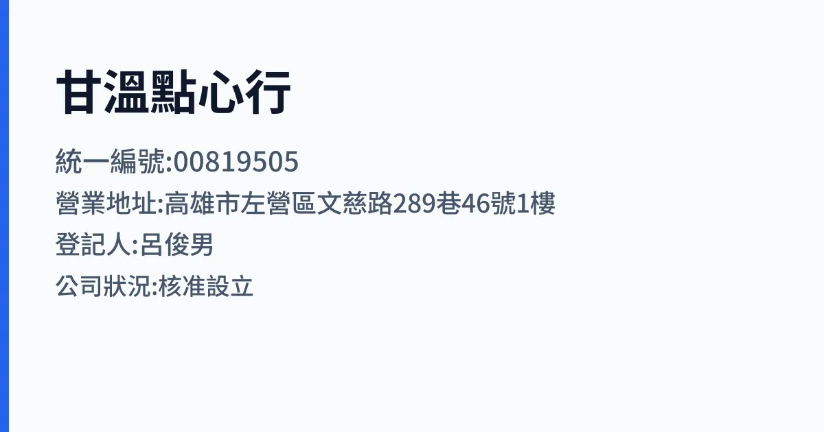 甘溫點心行 - 統編 00819505(高雄市) 公司登記資料與營業項目詳細圖表