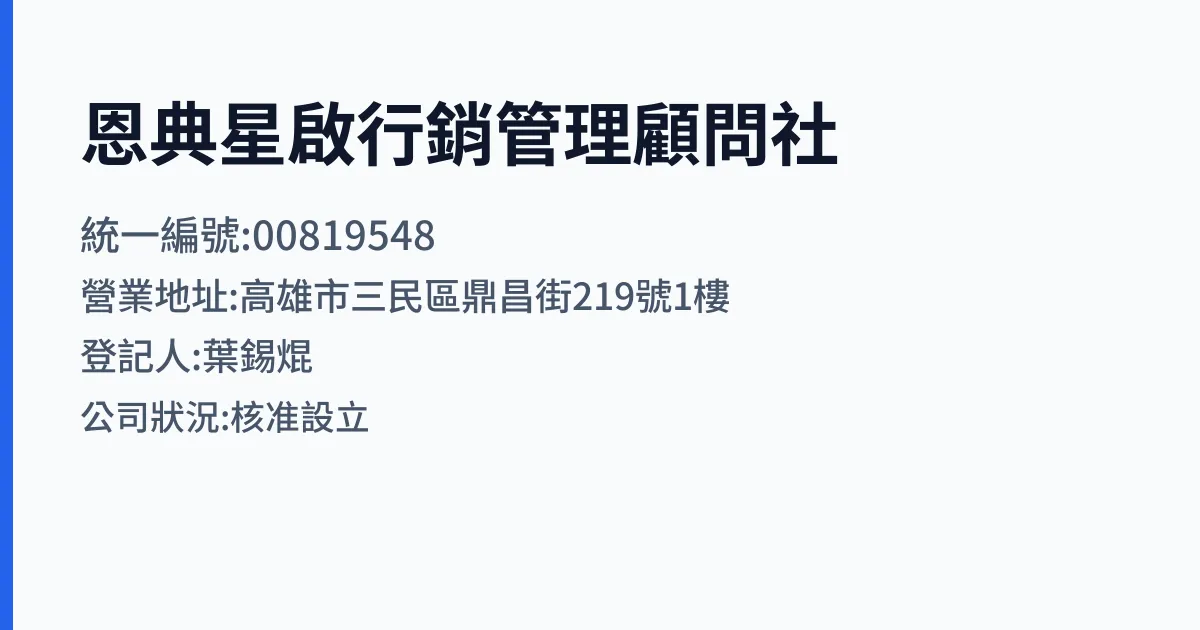 恩典星啟行銷管理顧問社 - 統編 00819548(高雄市) 公司登記資料與營業項目詳細圖表