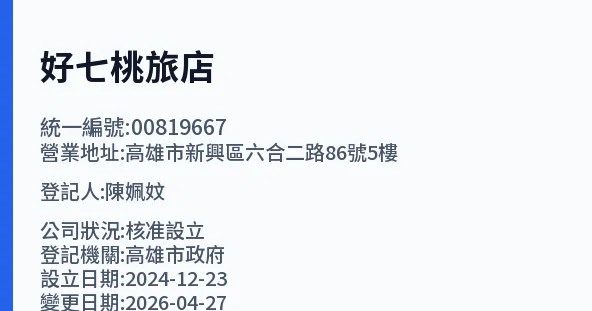 好七桃旅店的照片-統編 00819667(高雄市) 公司登記資料與營業項目詳細圖表
