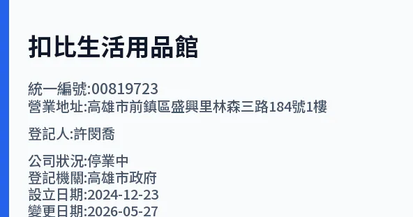 扣比生活用品館的照片-統編 00819723(高雄市) 公司登記資料與營業項目詳細圖表