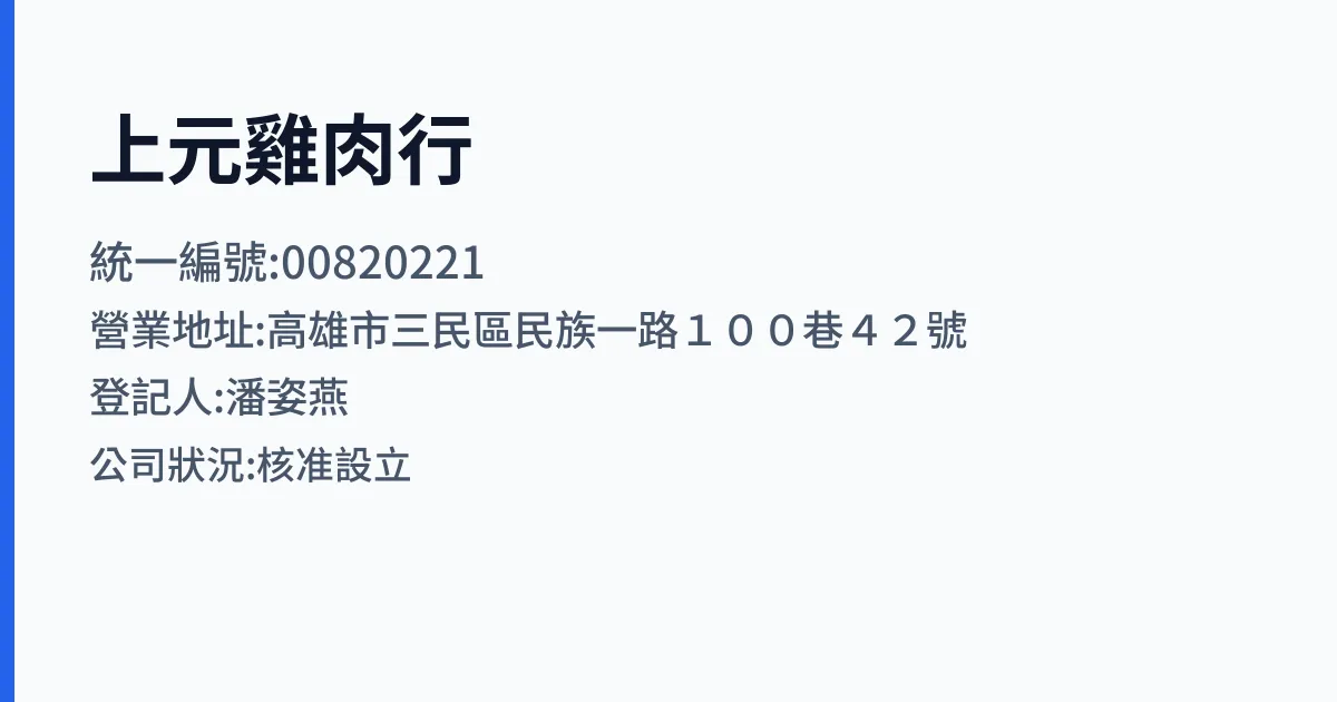 上元雞肉行 - 統編 00820221（高雄市） 公司登記資料與營業項目詳細圖表