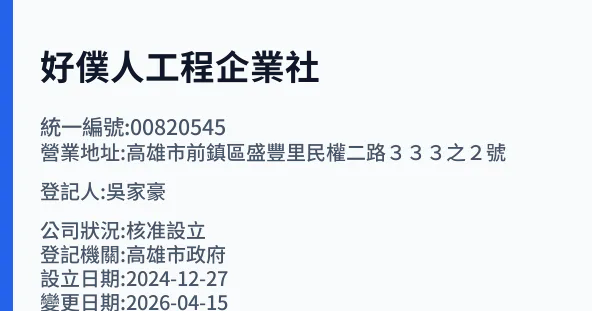 好僕人工程企業社的照片-統編 00820545(高雄市) 公司登記資料與營業項目詳細圖表