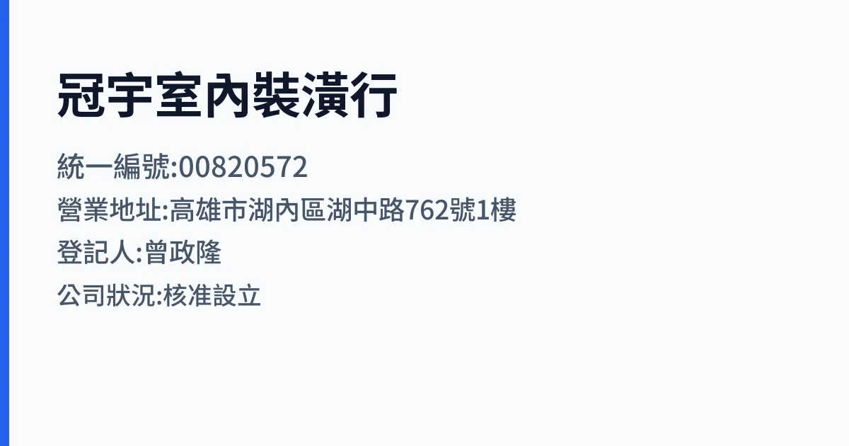 冠宇室內裝潢行 - 統編 00820572(高雄市) 公司登記資料與營業項目詳細圖表