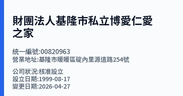 財團法人基隆市私立博愛仁愛之家的照片-統編 00820963(基隆市) 公司登記資料與營業項目詳細圖表