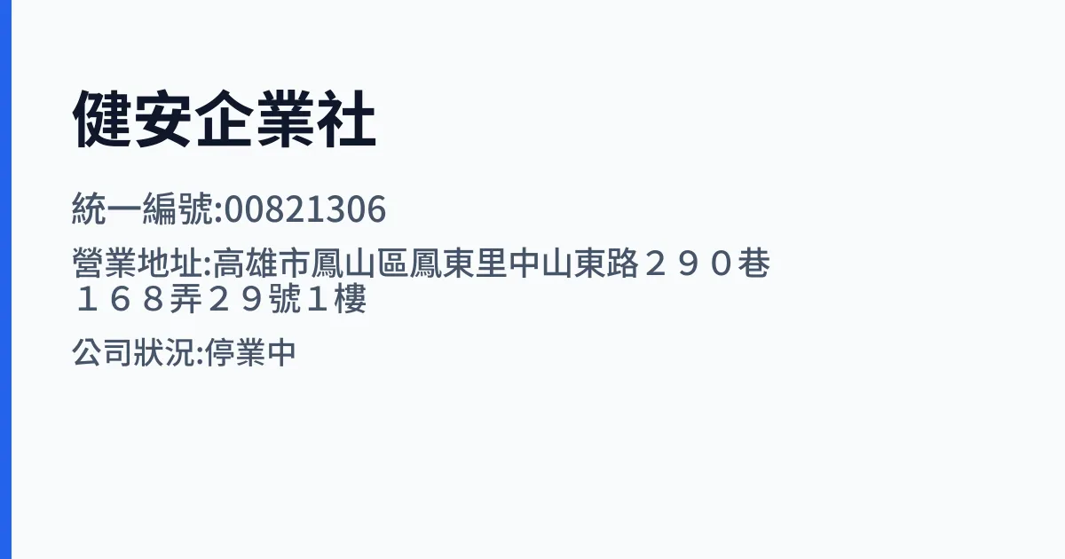 健安企業社 - 統編 00821306(高雄市) 公司登記資料與營業項目詳細圖表