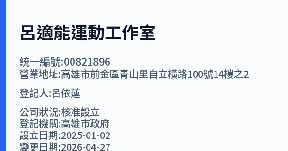 呂適能運動工作室的照片-統編 00821896(高雄市) 公司登記資料與營業項目詳細圖表