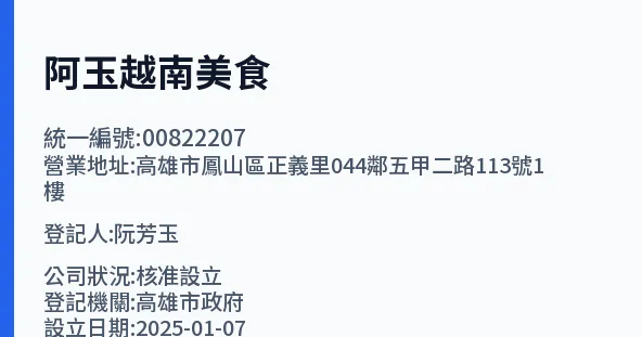 阿玉越南美食的照片-統編 00822207(高雄市) 公司登記資料與營業項目詳細圖表