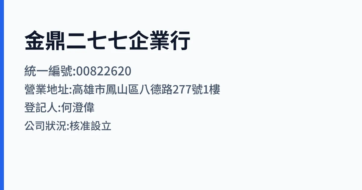 金鼎二七七企業行 - 統編 00822620(高雄市) 公司登記資料與營業項目詳細圖表
