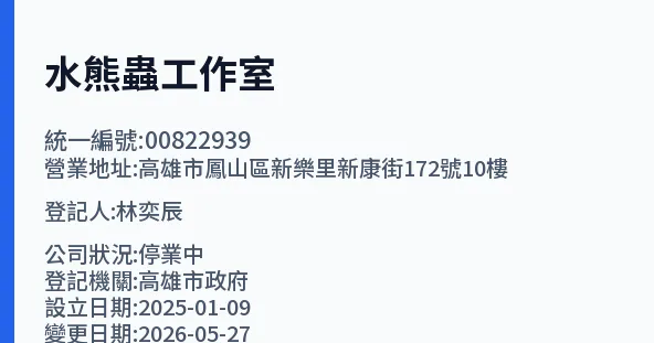 水熊蟲工作室的照片-統編 00822939(高雄市) 公司登記資料與營業項目詳細圖表