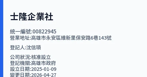 士隆企業社的照片-統編 00822945(高雄市) 公司登記資料與營業項目詳細圖表