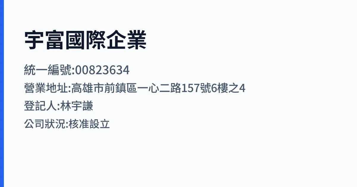 宇富國際企業 - 統編 00823634(高雄市) 公司登記資料與營業項目詳細圖表