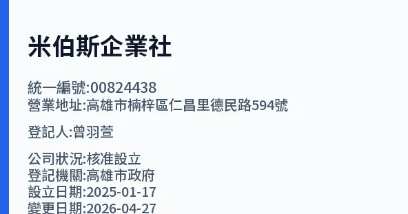 米伯斯企業社的照片-統編 00824438(高雄市) 公司登記資料與營業項目詳細圖表