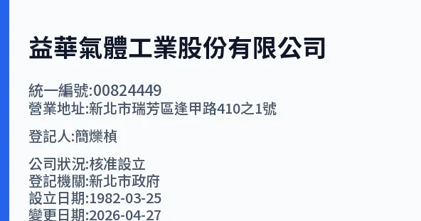 益華氣體工業股份有限公司的照片-統編 00824449(新北市) 公司登記資料與營業項目詳細圖表