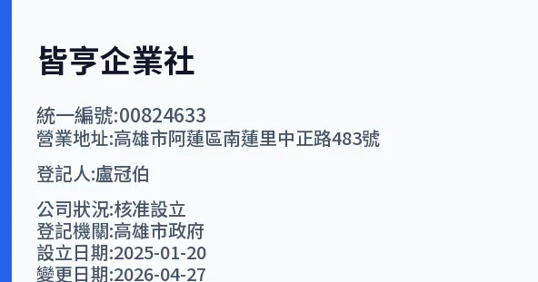 皆亨企業社的照片-統編 00824633(高雄市) 公司登記資料與營業項目詳細圖表