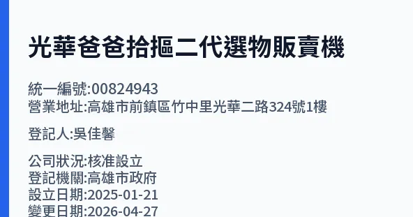 光華爸爸拾摳二代選物販賣機的照片-統編 00824943(高雄市) 公司登記資料與營業項目詳細圖表