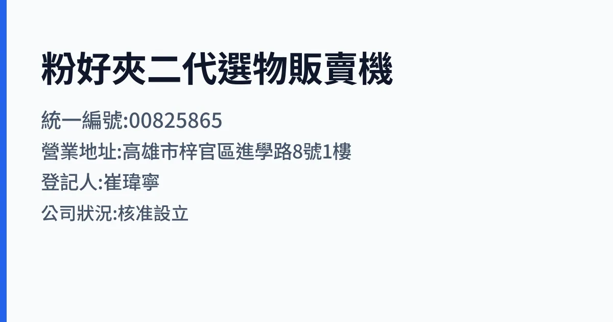 粉好夾二代選物販賣機 - 統編 00825865(高雄市) 公司登記資料與營業項目詳細圖表