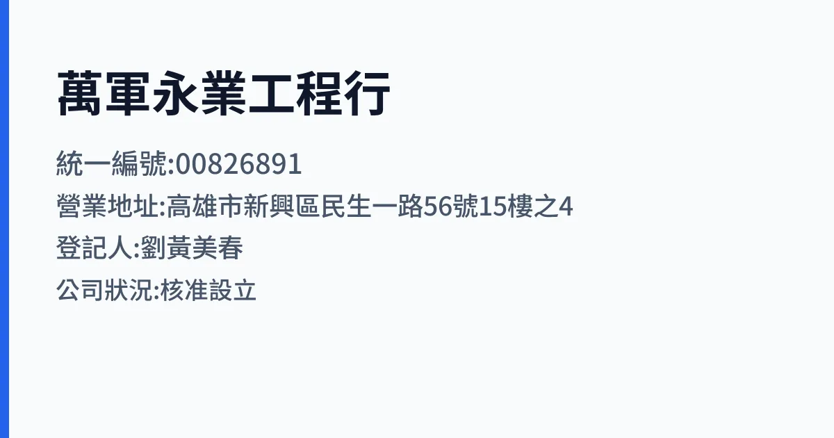 萬軍永業工程行 - 統編 00826891(高雄市) 公司登記資料與營業項目詳細圖表