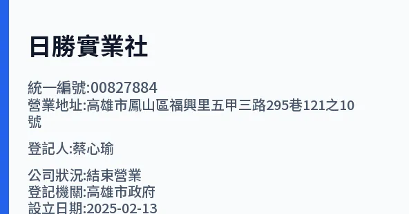日勝實業社的照片-統編 00827884(高雄市) 公司登記資料與營業項目詳細圖表