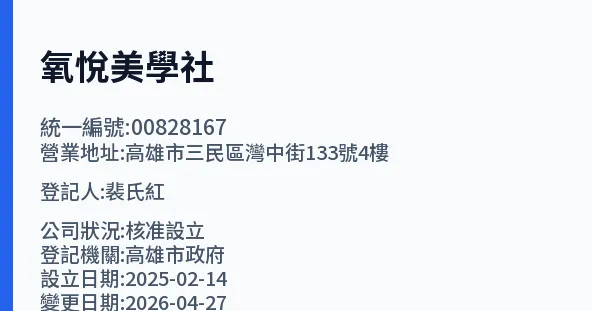 氧悅美學社的照片-統編 00828167(高雄市) 公司登記資料與營業項目詳細圖表
