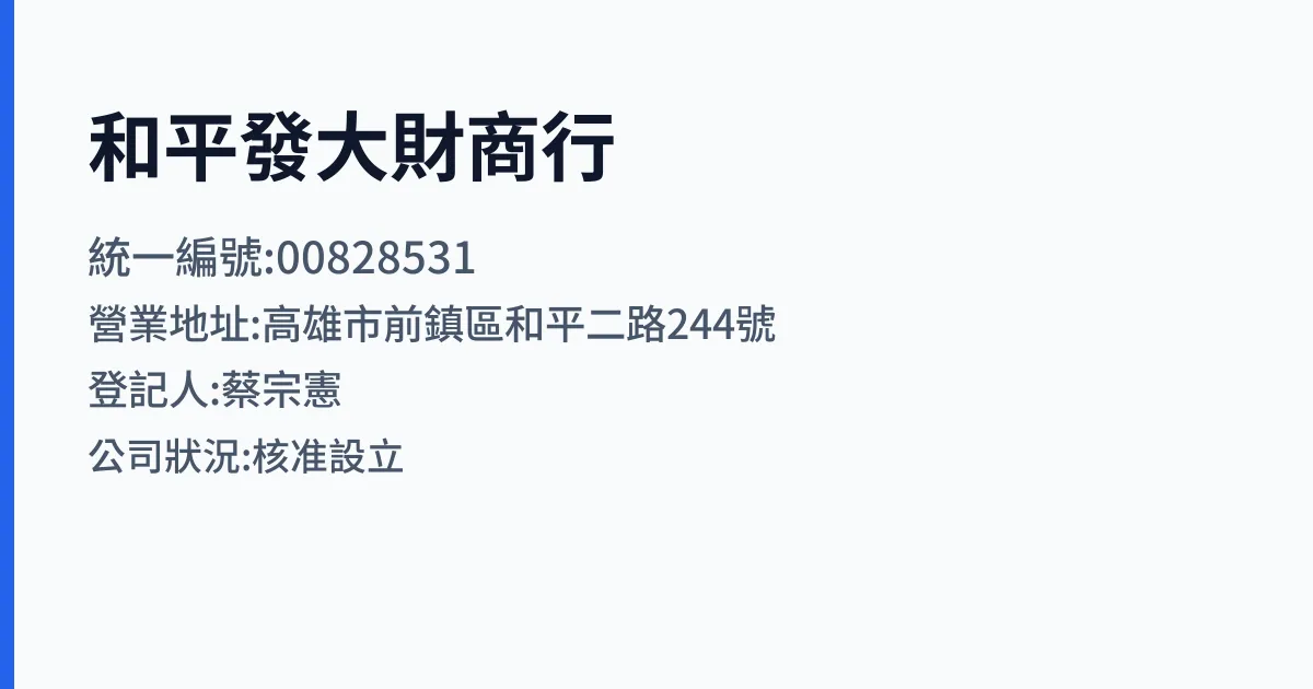 和平發大財商行 - 統編 00828531（高雄市） 公司登記資料與營業項目詳細圖表