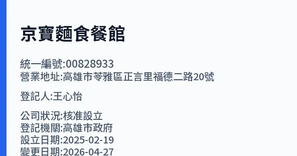 京寶麵食餐館的照片-統編 00828933(高雄市) 公司登記資料與營業項目詳細圖表