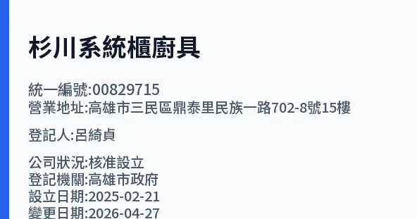 杉川系統櫃廚具的照片-統編 00829715(高雄市) 公司登記資料與營業項目詳細圖表