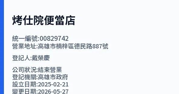 烤仕院便當店的照片-統編 00829742(高雄市) 公司登記資料與營業項目詳細圖表