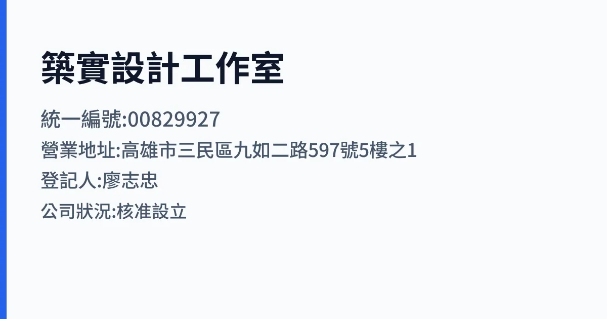 築實設計工作室 - 統編 00829927(高雄市) 公司登記資料與營業項目詳細圖表