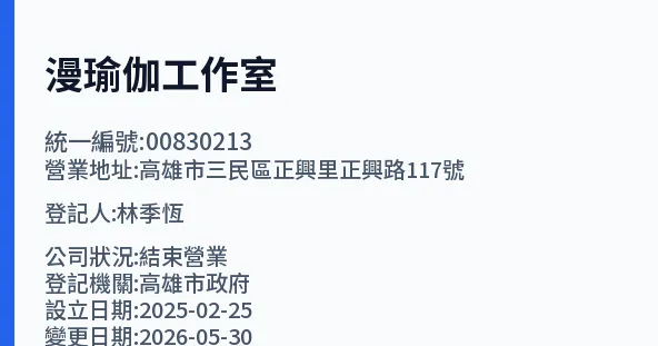 漫瑜伽工作室的照片-統編 00830213(高雄市) 公司登記資料與營業項目詳細圖表