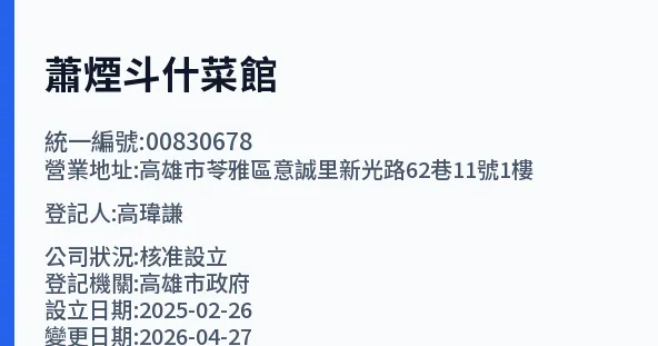 蕭煙斗什菜館的照片-統編 00830678(高雄市) 公司登記資料與營業項目詳細圖表