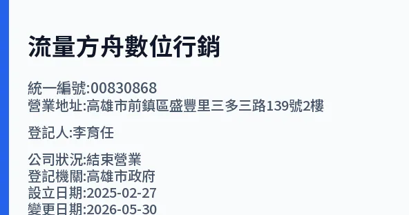 流量方舟數位行銷的照片-統編 00830868(高雄市) 公司登記資料與營業項目詳細圖表