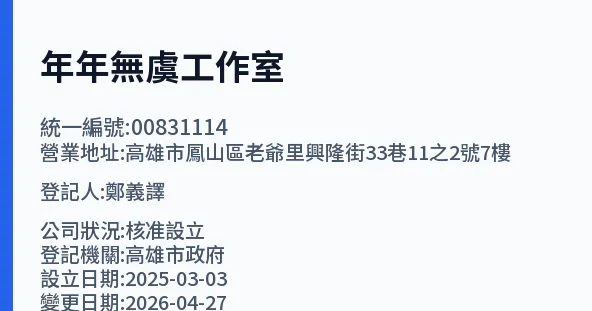 年年無虞工作室的照片-統編 00831114(高雄市) 公司登記資料與營業項目詳細圖表
