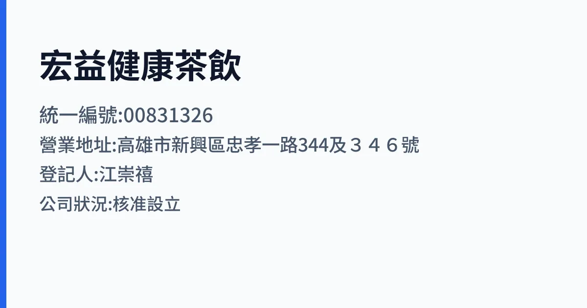 宏益健康茶飲 - 統編 00831326(高雄市) 公司登記資料與營業項目詳細圖表