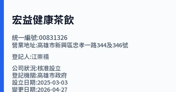宏益健康茶飲的照片-統編 00831326(高雄市) 公司登記資料與營業項目詳細圖表