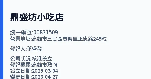 鼎盛坊小吃店的照片-統編 00831509(高雄市) 公司登記資料與營業項目詳細圖表