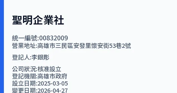 聖明企業社的照片-統編 00832009(高雄市) 公司登記資料與營業項目詳細圖表