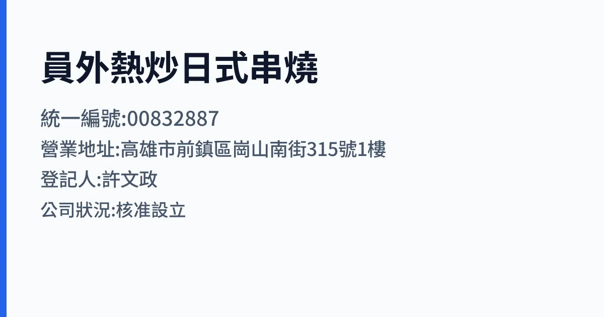 員外熱炒日式串燒 - 統編 00832887（高雄市） 公司登記資料與營業項目詳細圖表