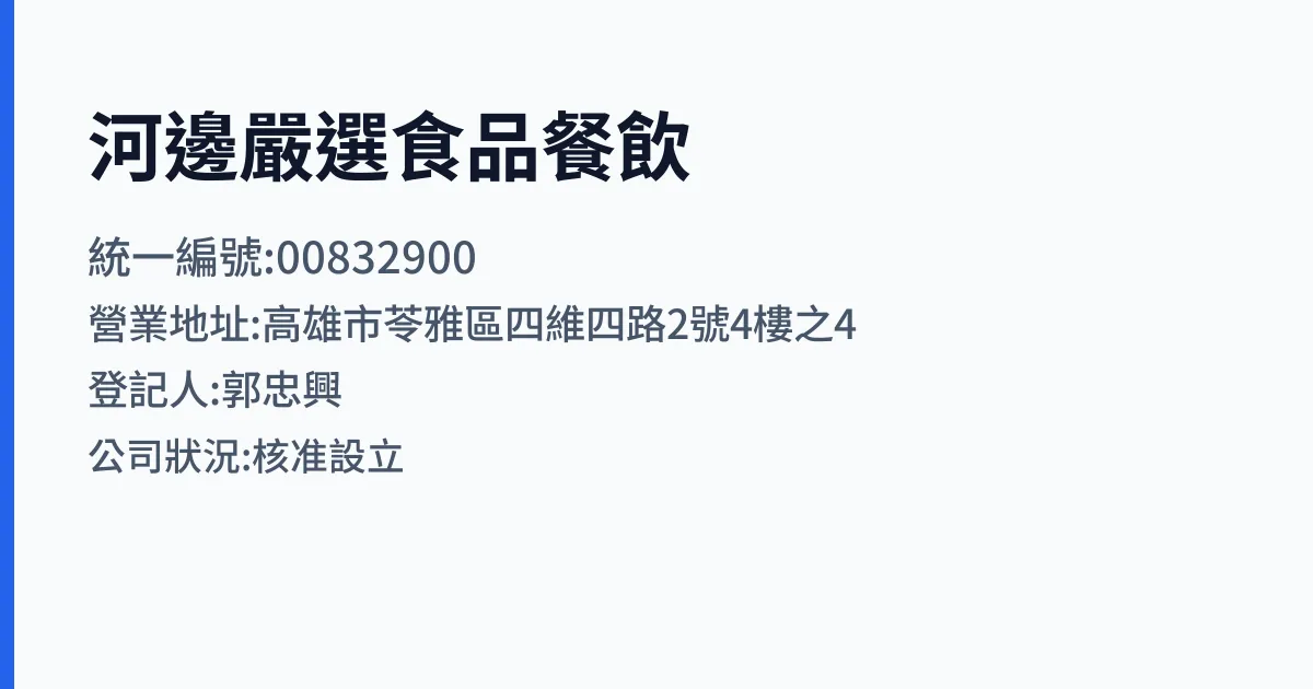 河邊嚴選食品餐飲 - 統編 00832900(高雄市) 公司登記資料與營業項目詳細圖表