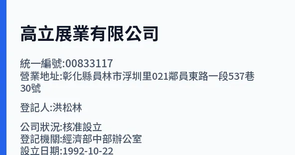 高立展業有限公司的照片-統編 00833117(彰化縣) 公司登記資料與營業項目詳細圖表