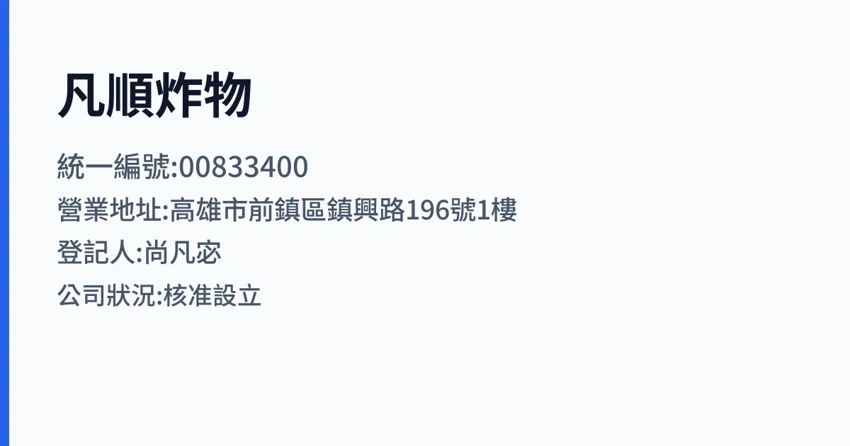 凡順炸物 - 統編 00833400（高雄市） 公司登記資料與營業項目詳細圖表