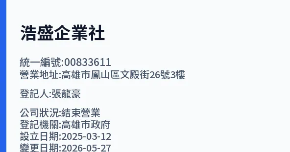 浩盛企業社的照片-統編 00833611(高雄市) 公司登記資料與營業項目詳細圖表
