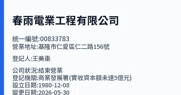 春雨電業工程有限公司的照片-統編 00833783(基隆市) 公司登記資料與營業項目詳細圖表