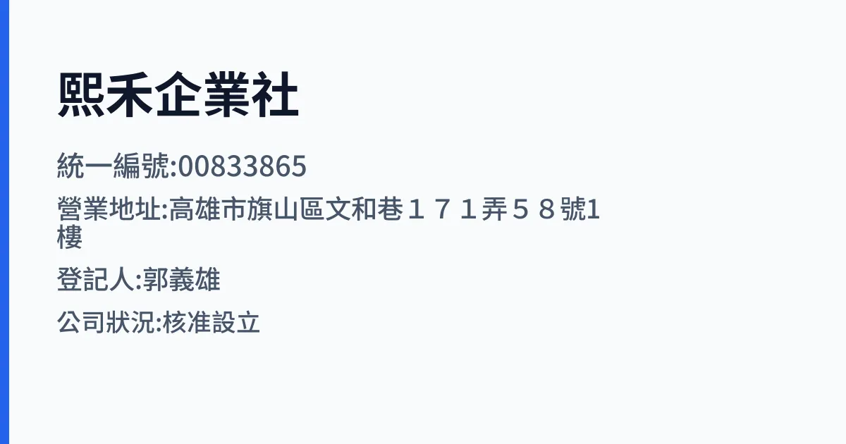 熙禾企業社 - 統編 00833865(高雄市) 公司登記資料與營業項目詳細圖表