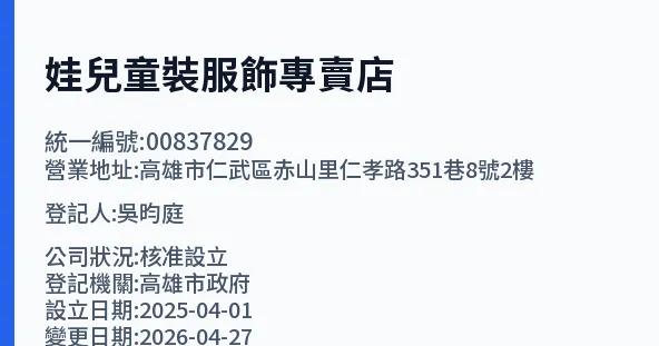 娃兒童裝服飾專賣店的照片-統編 00837829(高雄市) 公司登記資料與營業項目詳細圖表