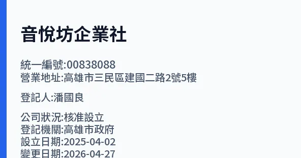 音悅坊企業社的照片-統編 00838088(高雄市) 公司登記資料與營業項目詳細圖表