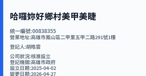 哈囉妳好鄉村美甲美睫的照片-統編 00838355(高雄市) 公司登記資料與營業項目詳細圖表